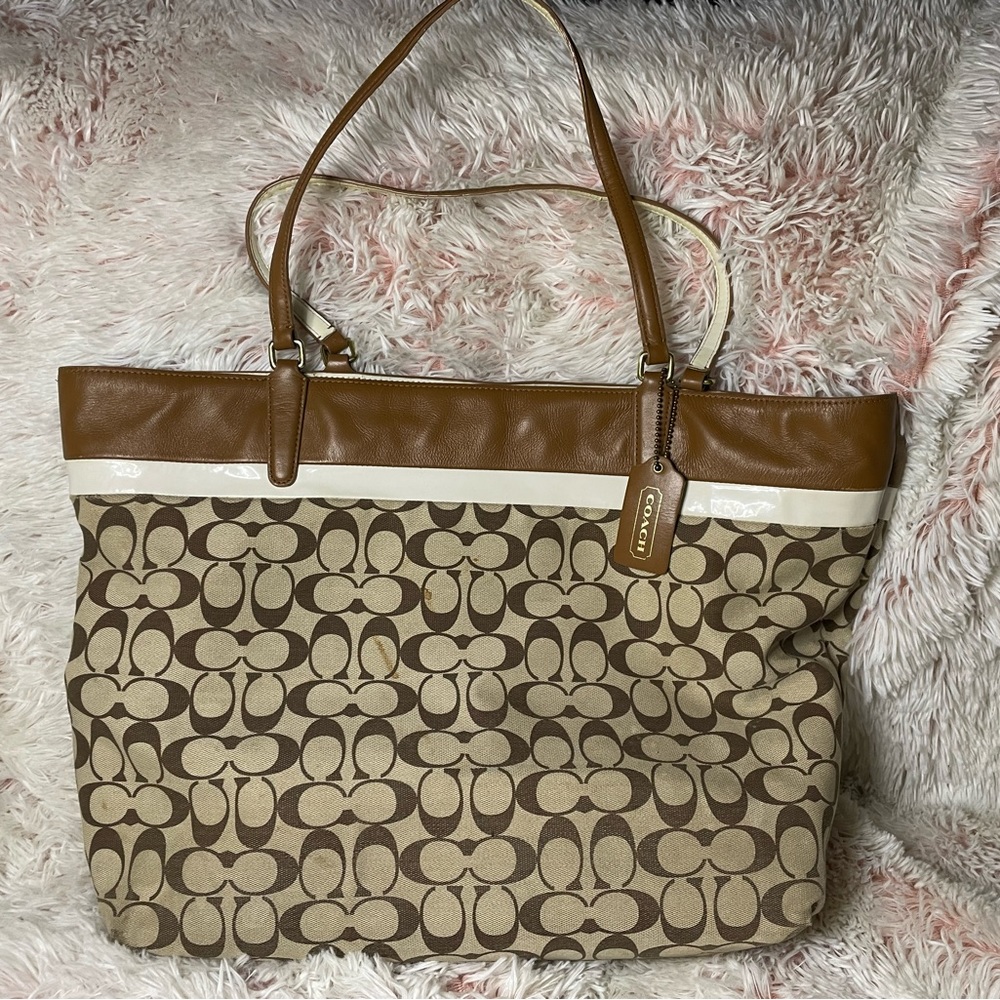 Coach Leather Trim Signature Tote In Khaki - Gem